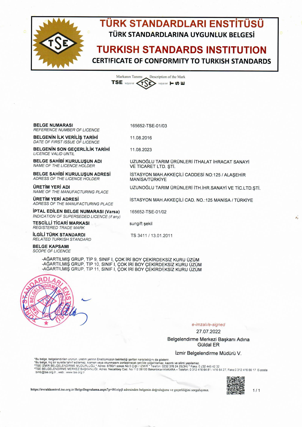 Certificates – Sungift | Uzunoğlu Tarım