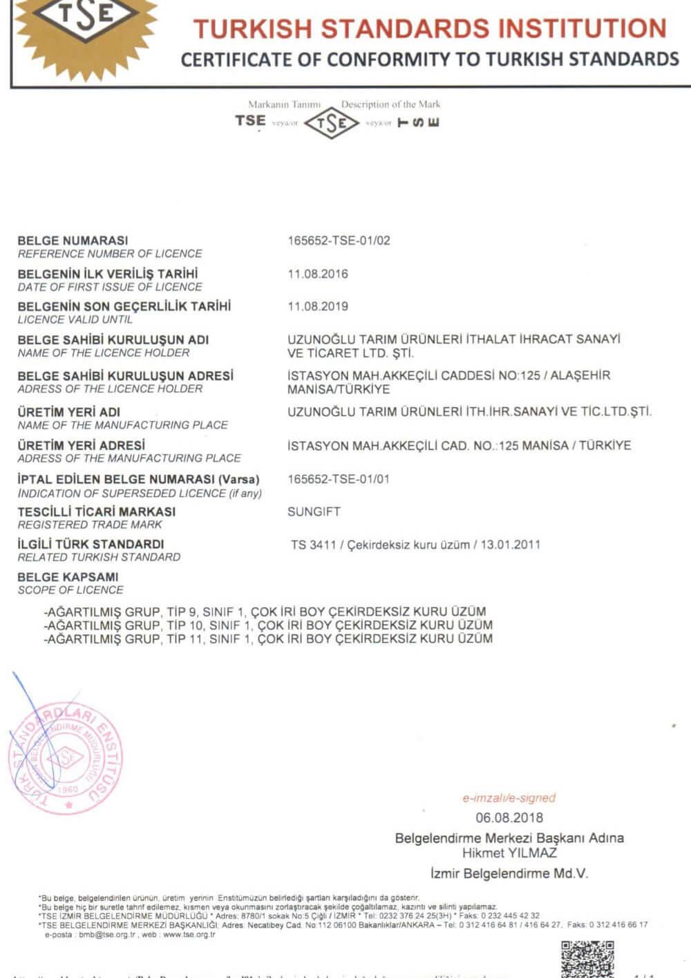 Certificates – Sungift | Uzunoğlu Tarım